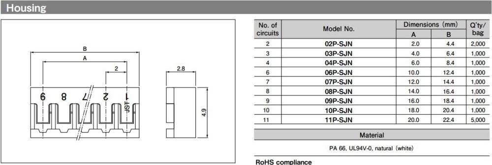 JST SJN 2.0mm pitch connector wire assembly